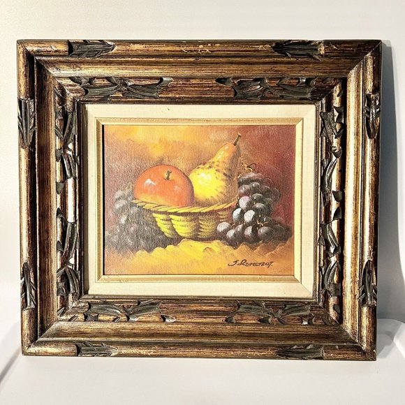 Art | J Remstedt Oil Still Life Painting Fruit Apple Pear Grapes Basket ...